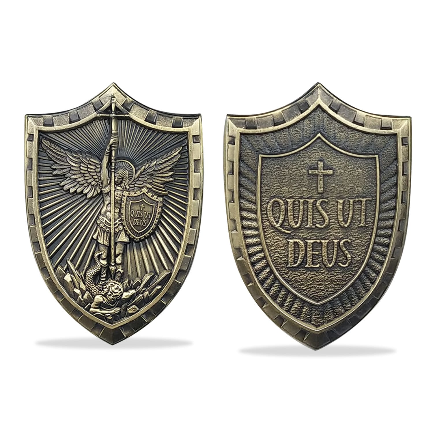 St Michael Patron Saint Challenge Coin QUIS UT DEUS Shield Badge ...